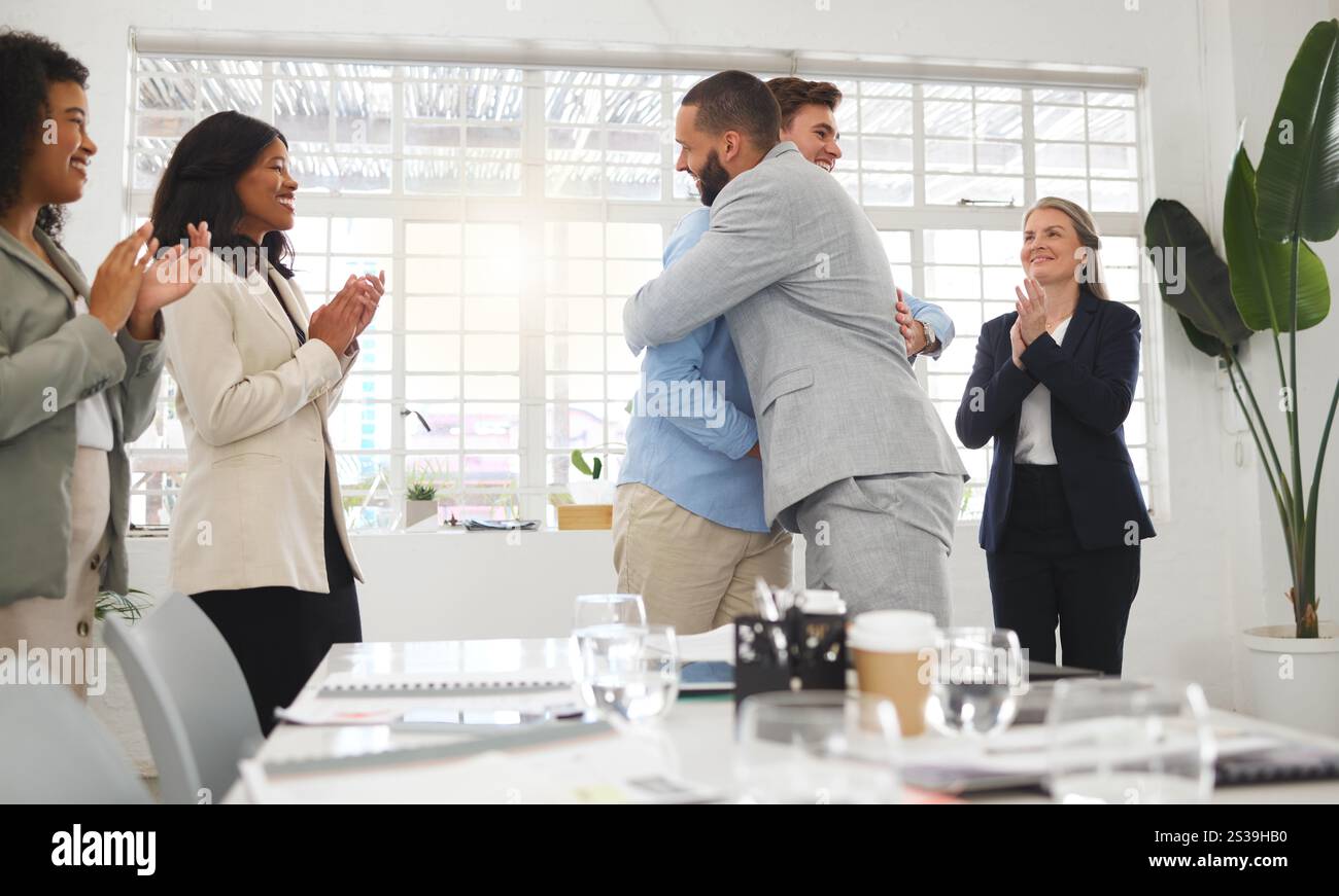 Office, business people and applause with hug for success, support and ...