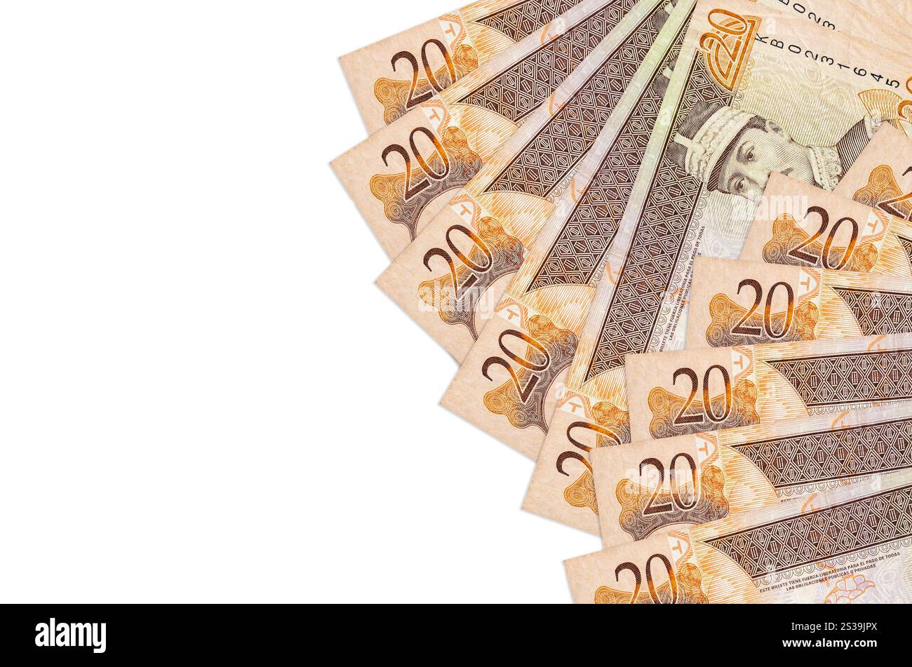 20 Dominican peso bills lies isolated on white background with copy ...