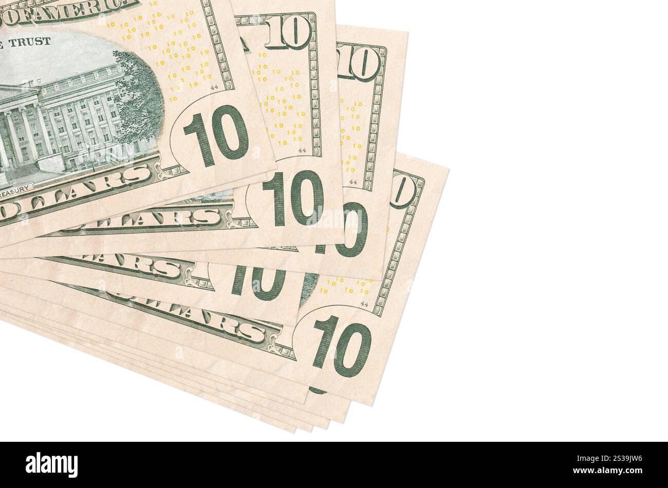 10 US dollars bills lies in small bunch or pack isolated on white ...