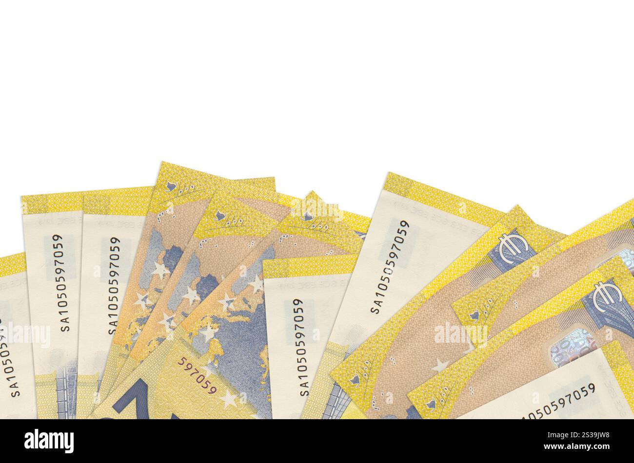 200 euro bills lies on bottom side of screen isolated on white ...