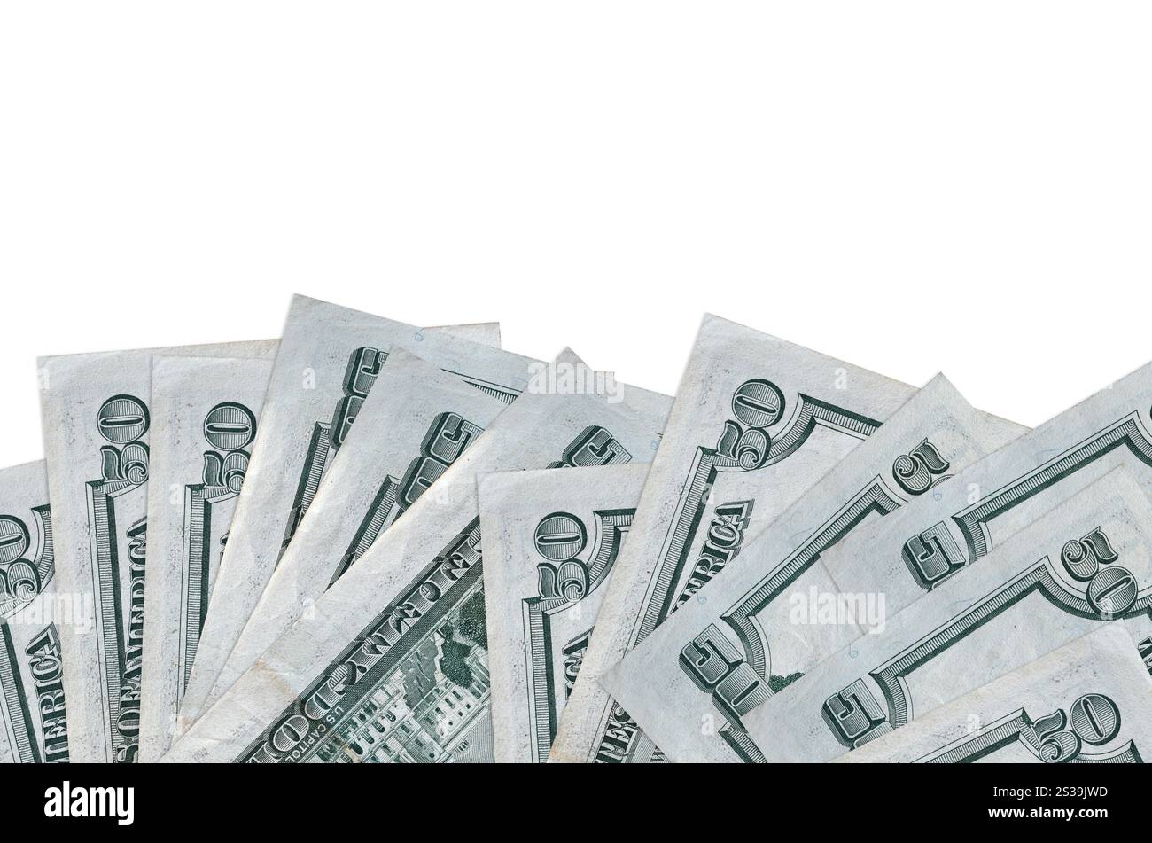 50 US dollars bills lies on bottom side of screen isolated on white ...