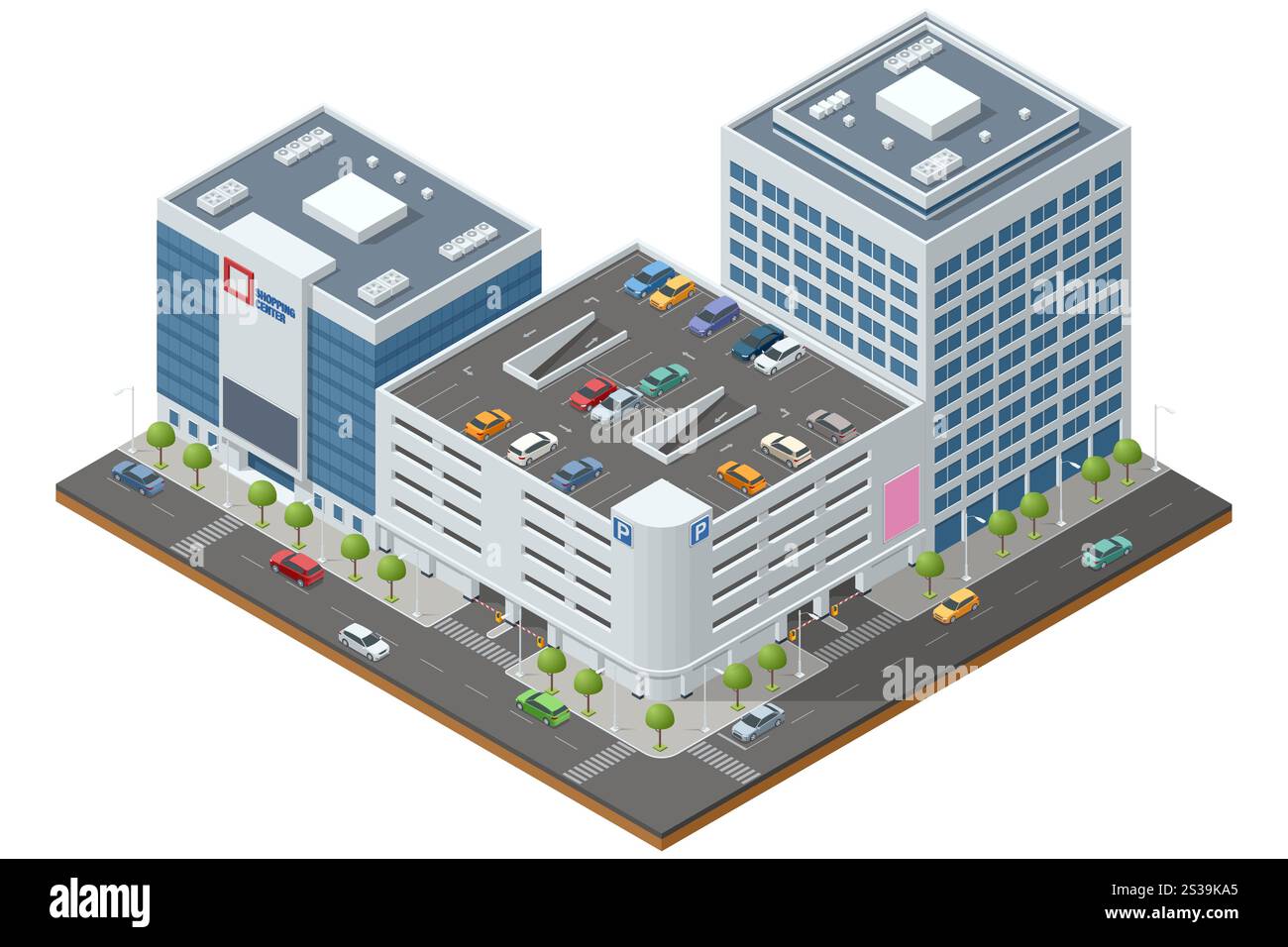 Isometric cityscape with a multi-storey parking structure surrounded by ...