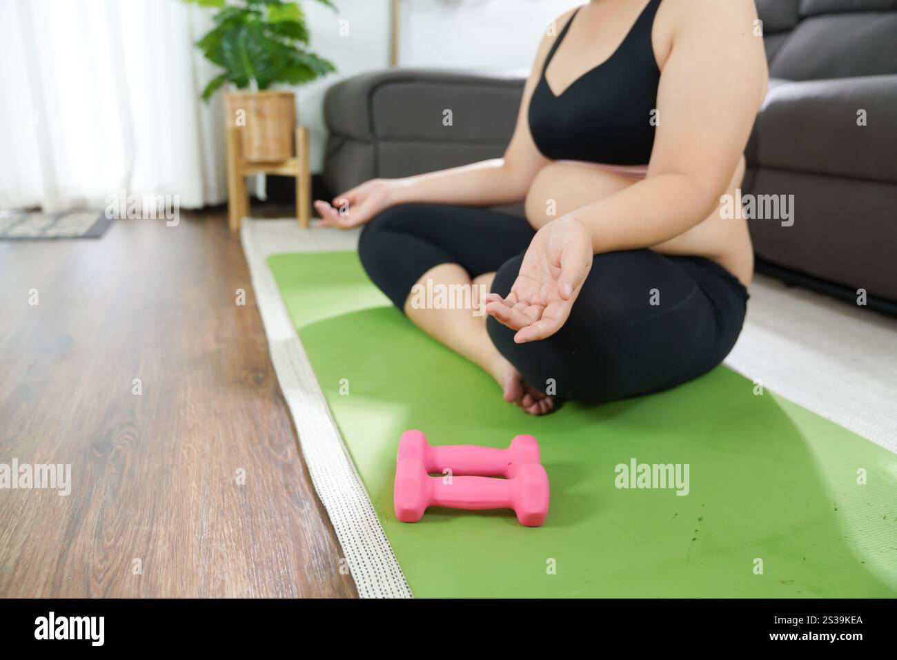 Overweight woman exercising for weight loss. exercise with dumbbells in ...