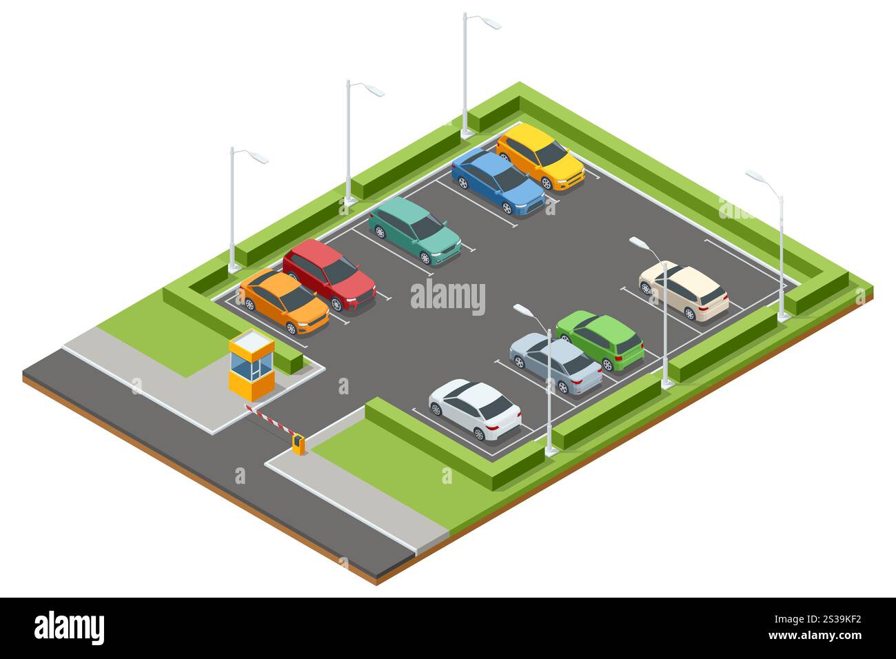Secure gated parking lot isometric design with lush green hedges and ...