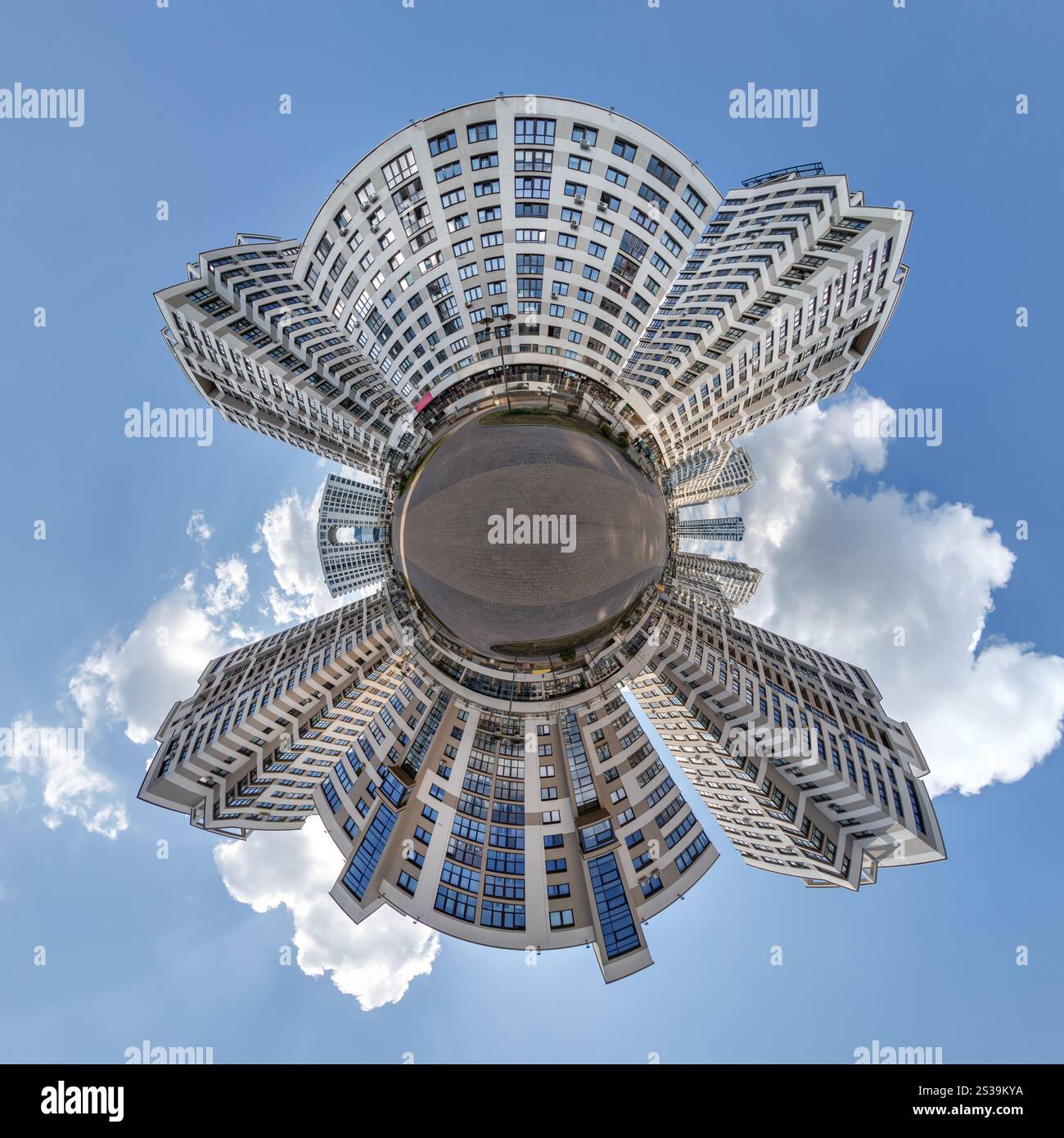abstract swirling tiny planet spherical panorama of multi-storey ...