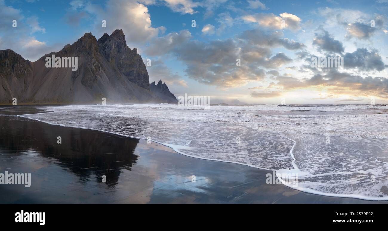Sunrise Stokksnes cape sea beach and Vestrahorn Mountain with its ...