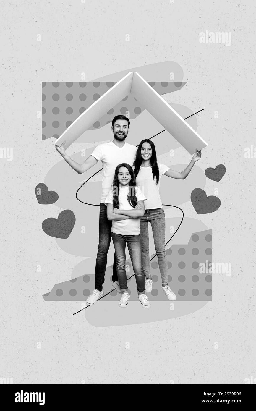 Vertical collage image of positive friendly family parents hold roof ...