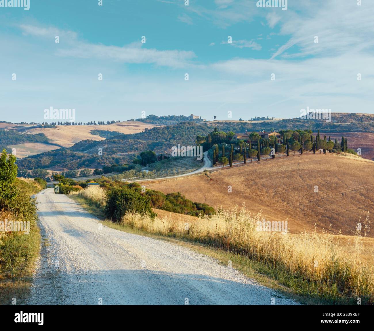 Beautiful landscape of Tuscany summer morning sunrise countryside in ...