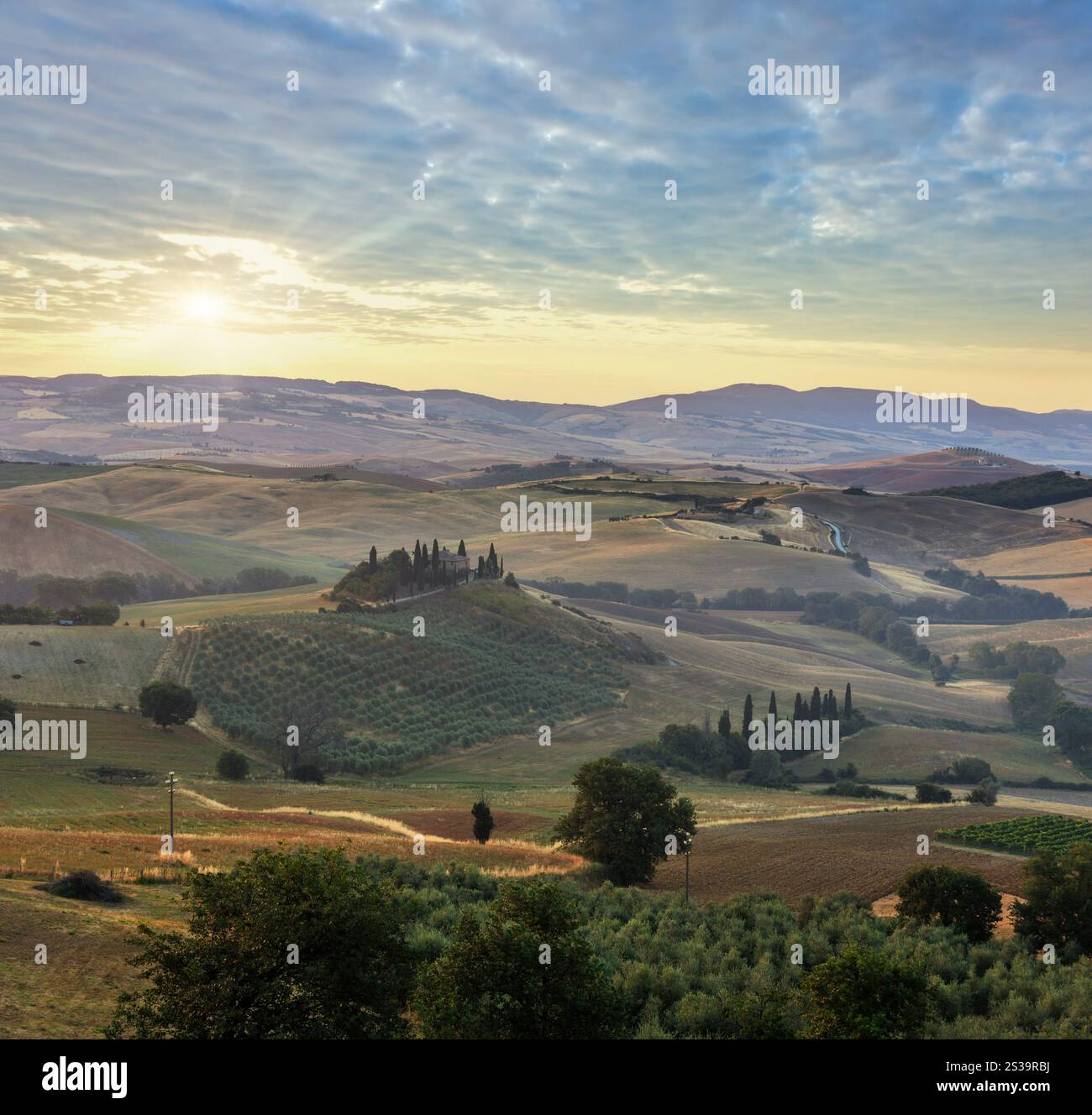 Beautiful landscape of Tuscany summer morning sunrise countryside in ...
