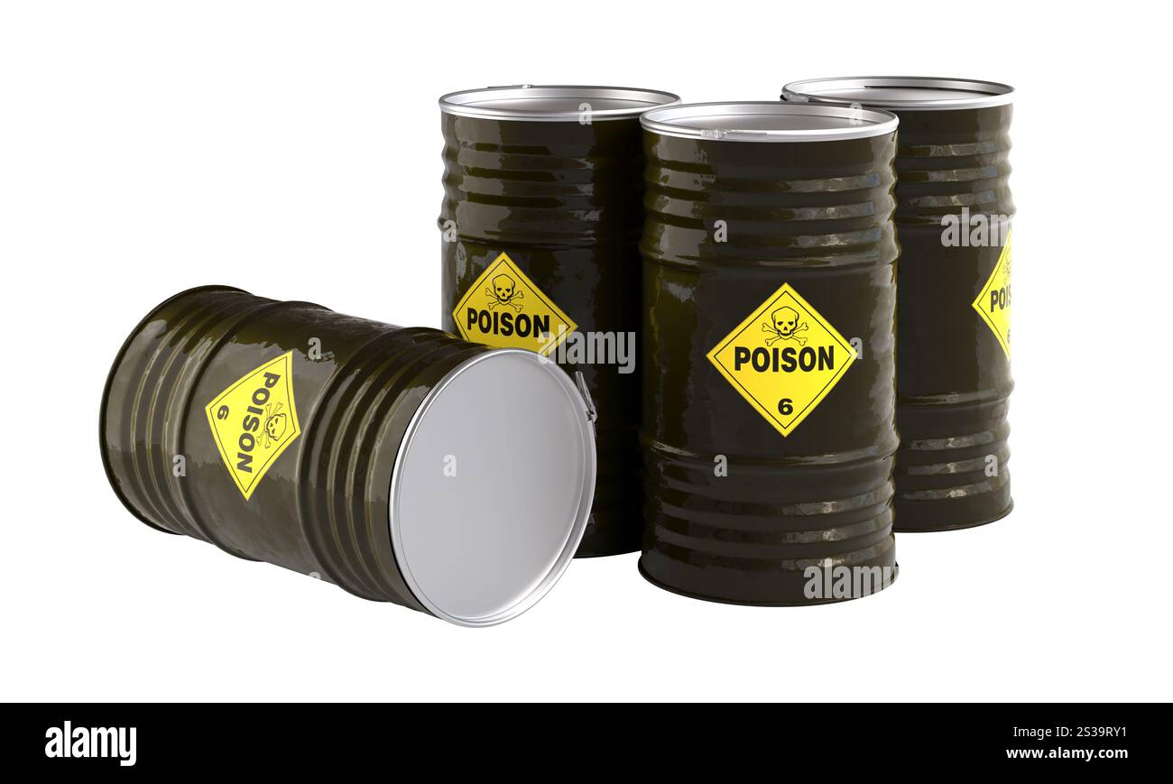Four barrels containing poison laying on transparent background 3d ...
