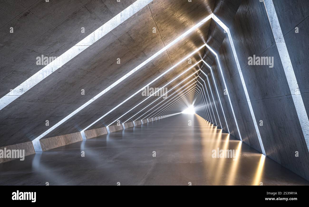 Empty concrete corridor with light at the end in a modern building 3d ...