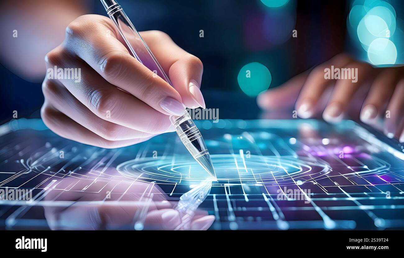 A person is seen in the image using a pen to write on a computer screen ...