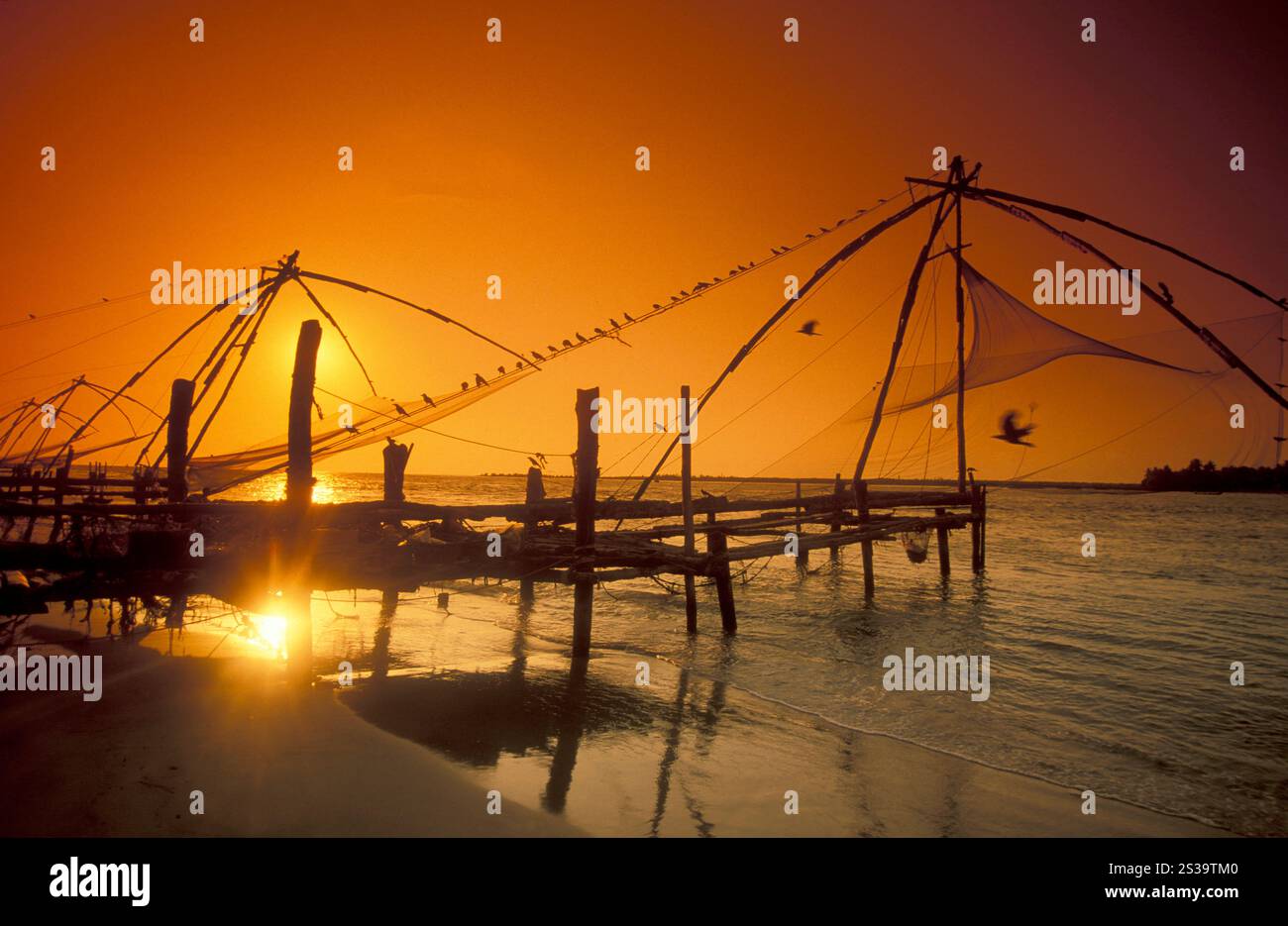 the Chinese Fishing Net by sunset at the Coast in the city of Kochi or ...