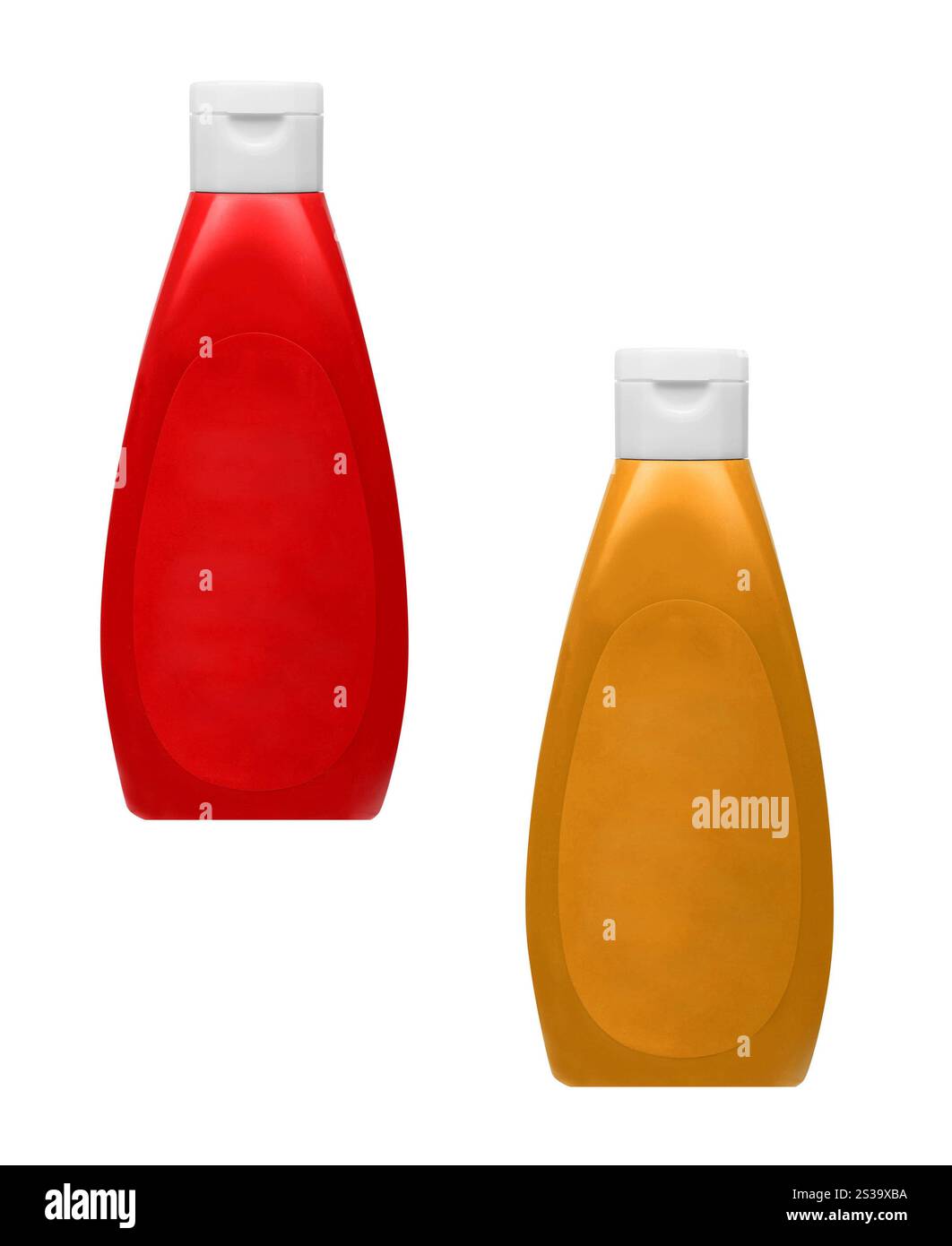 plastic ketchup and mustard bottles isolated on white background ...