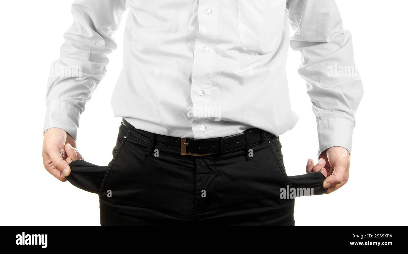 Businessman showing his empty pocket isolated on white background. Businessman showing his empty ...