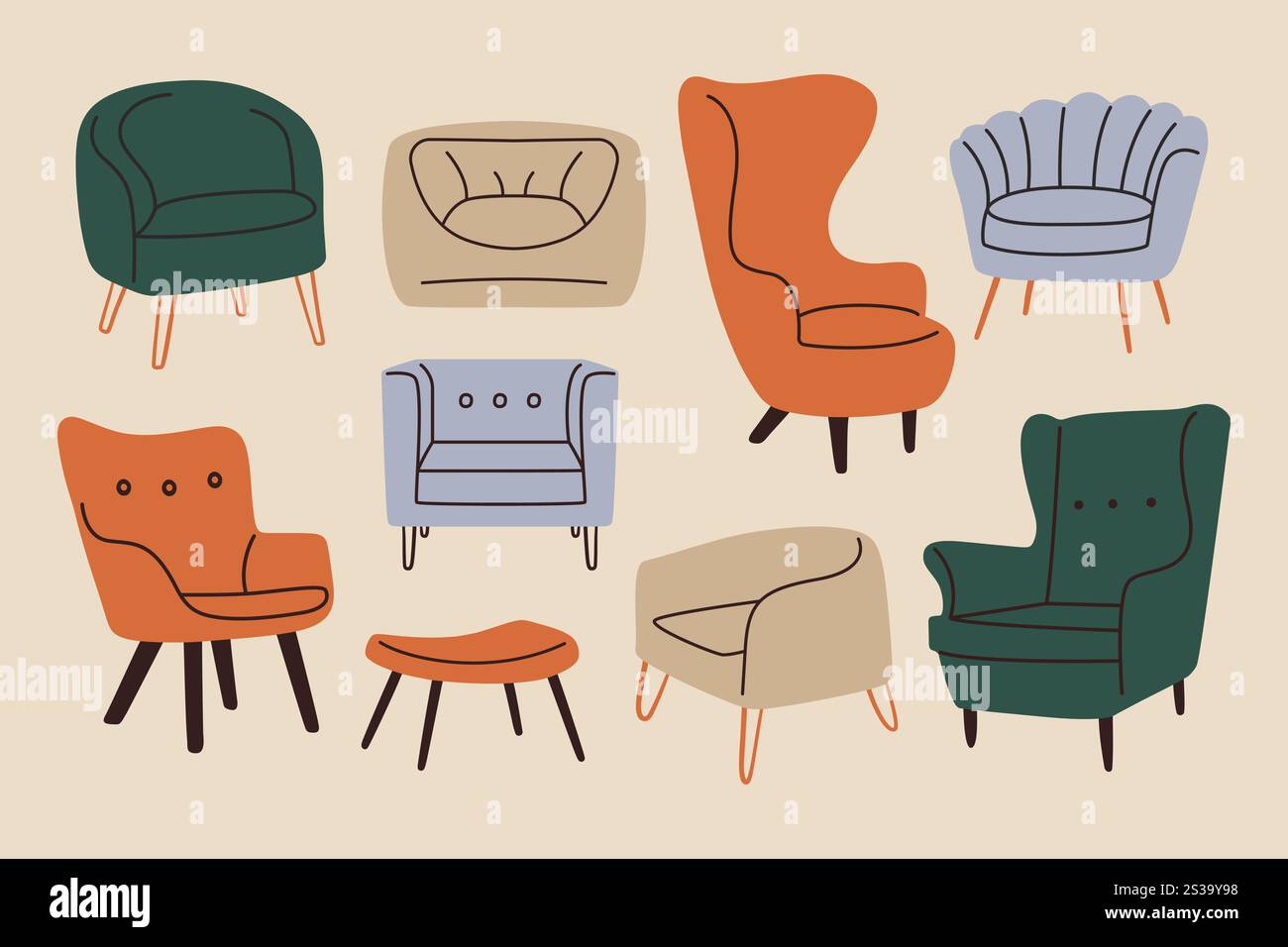 Doodle modern furniture set. Comfy chairs mid century contemporary ...