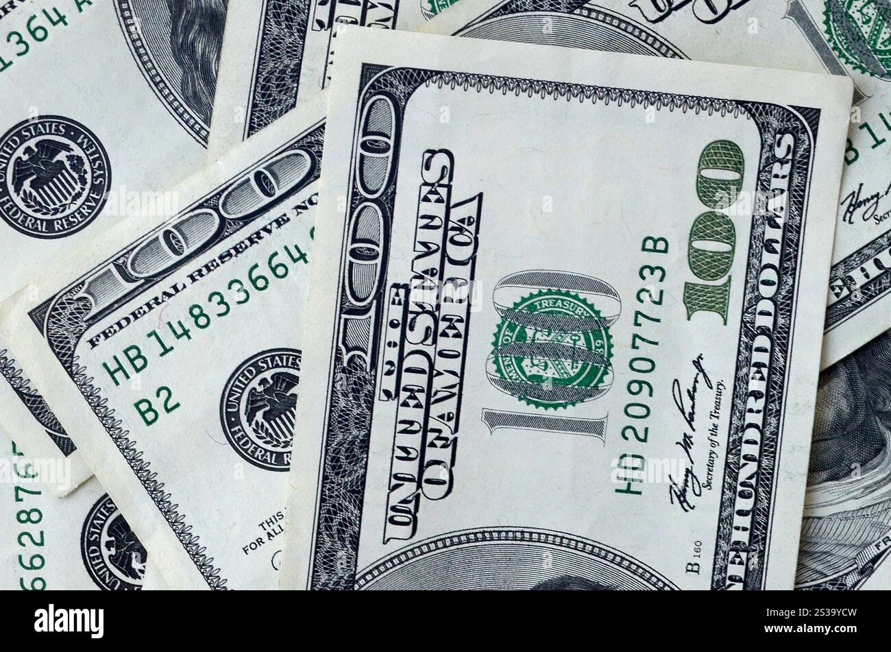 Background of 100 dollar bills. Abstract textured backdrop with many ...