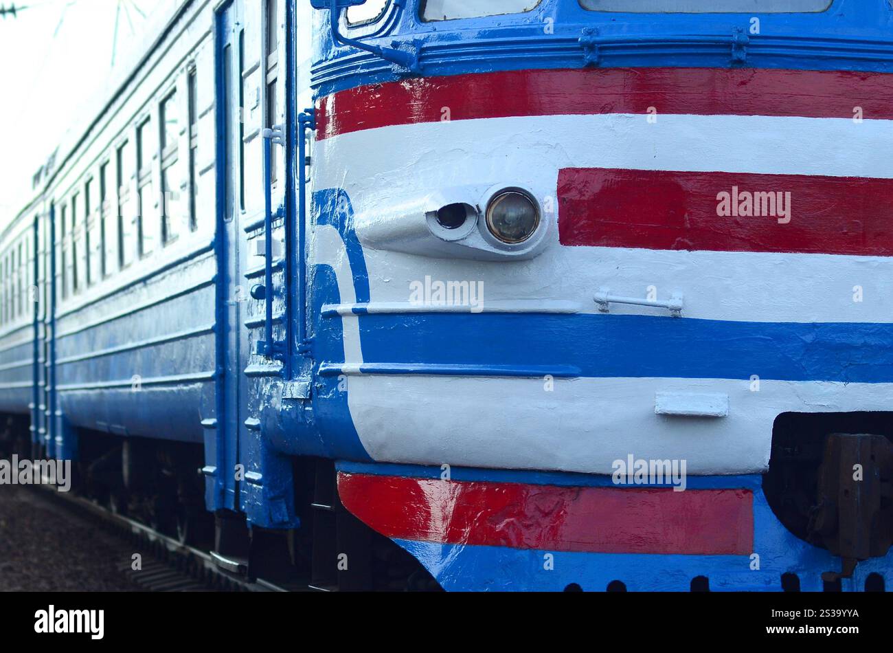 Suburban electric train. Old soviet electric train with outdated design ...