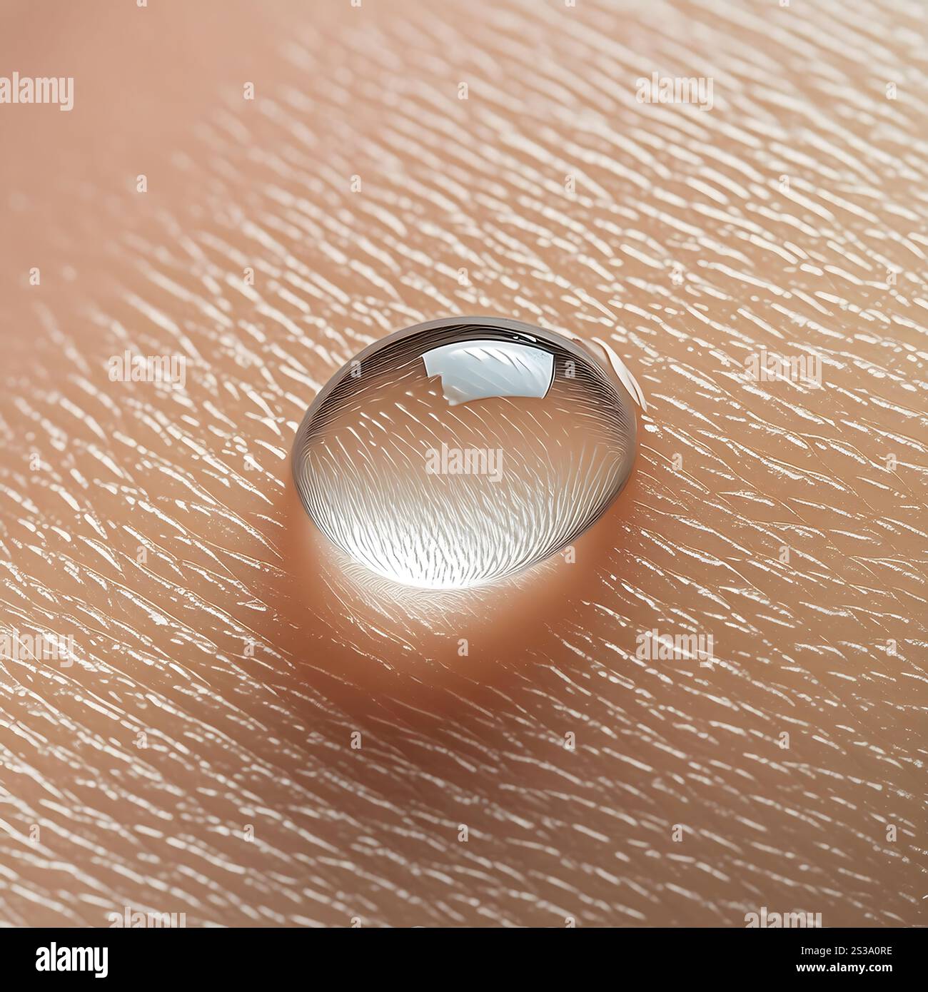 A single drop of water is precariously perched on the skin of a persons ...
