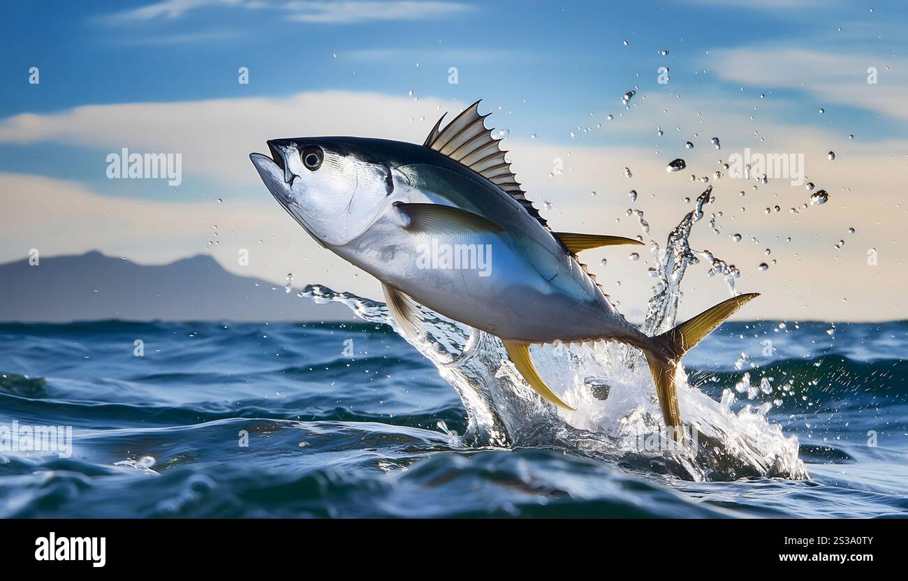 A bluefin tuna fish is leaping out of the water, showcasing an ...