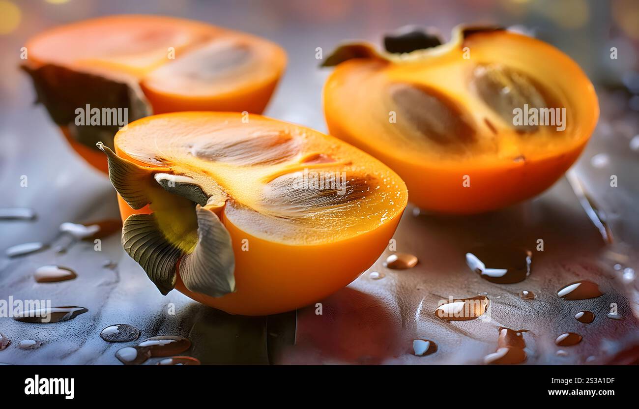 A vibrant image of a juicy persimmon cut in half, revealing its rich ...