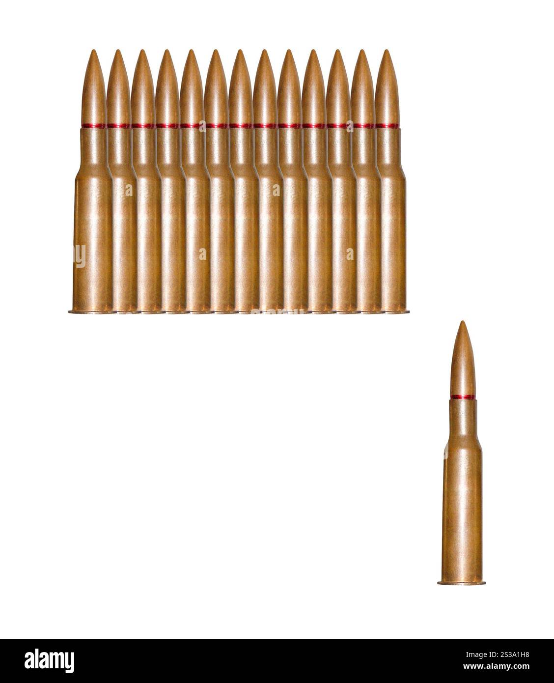 Rifle bullets in a row isolated on white background. Rifle bullets in a ...