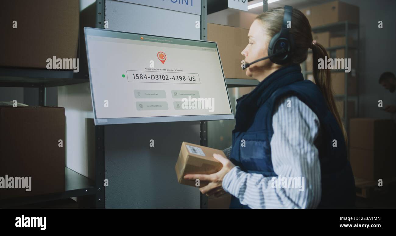 Female Logistics Manager Talks on Headset, Scans Cardboard Box at Postal Terminal with Digital ...