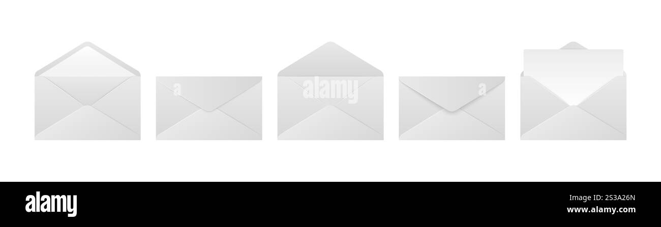 Realistic envelopes. Folded unfolded envelope mockup set isolated on white background. Vector ...