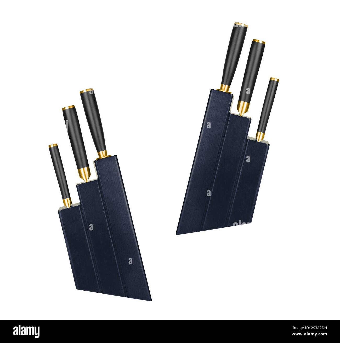 Set of knives in a wooden knife block isolated on white background. Set ...