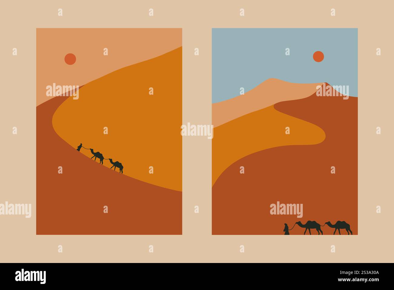 Desert landscape art print set. Mid century posters sun nature scenes ...