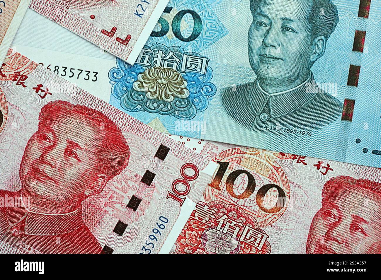 Many money bills of People Republic of China. PRC Yuan banknotes close ...