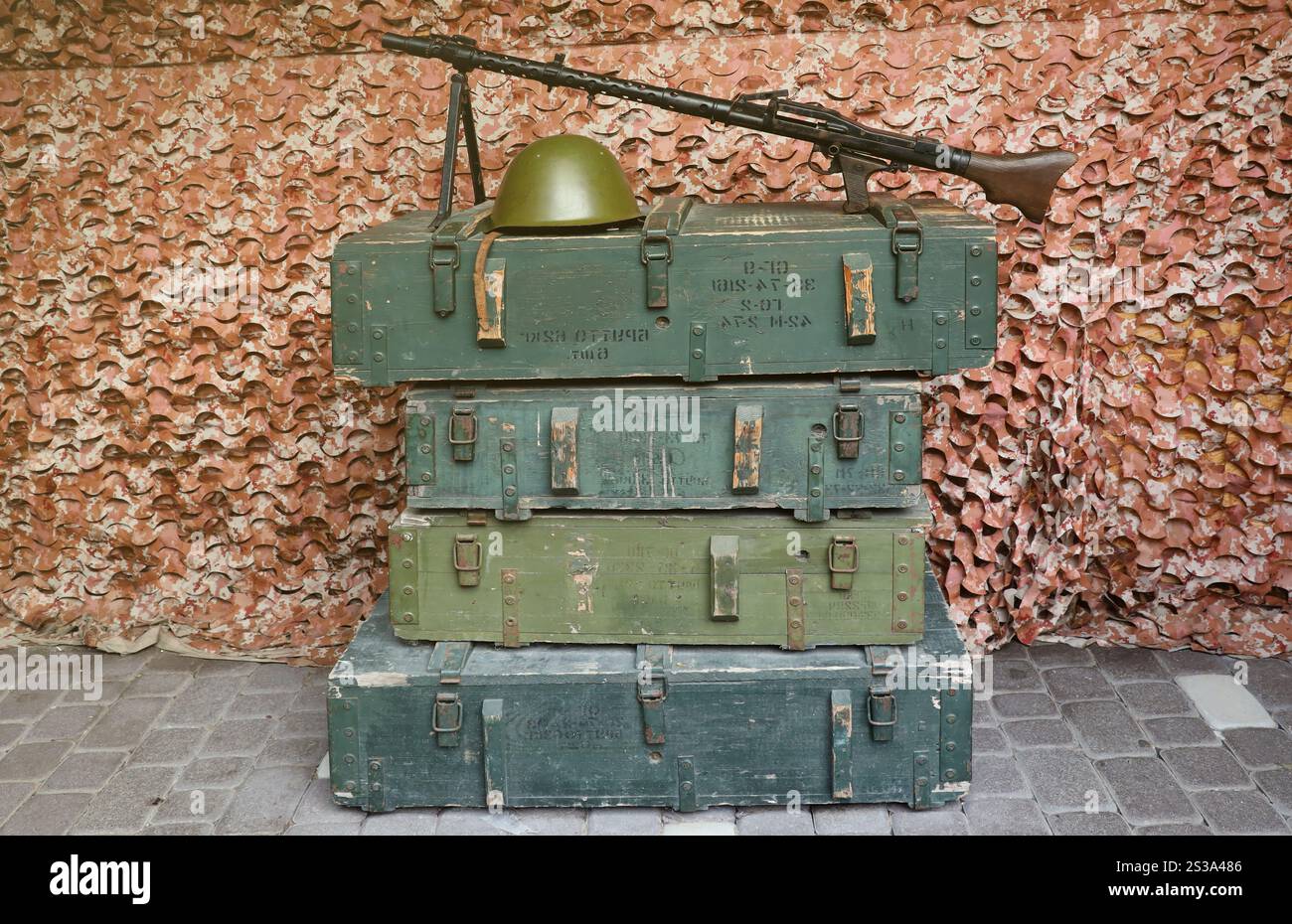 Soviet army ammunition stack of green crates with russian names of ammo ...