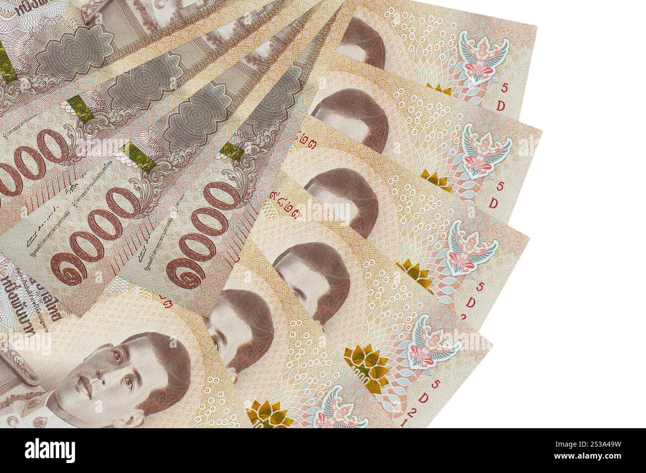 1000 Thai baht bills lies isolated on white background with copy space ...