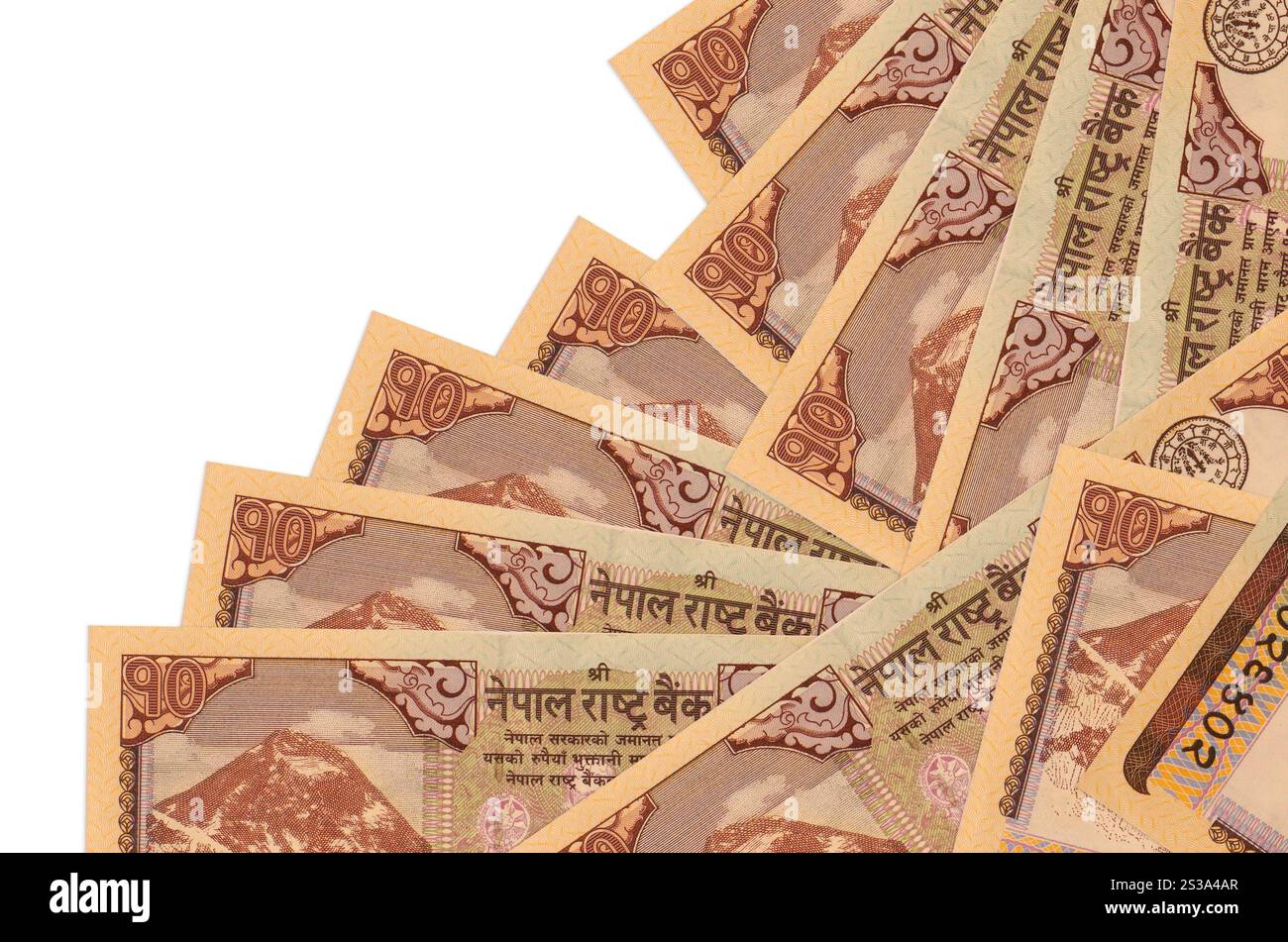 10 Nepalese rupees bills lies in different order isolated on white ...