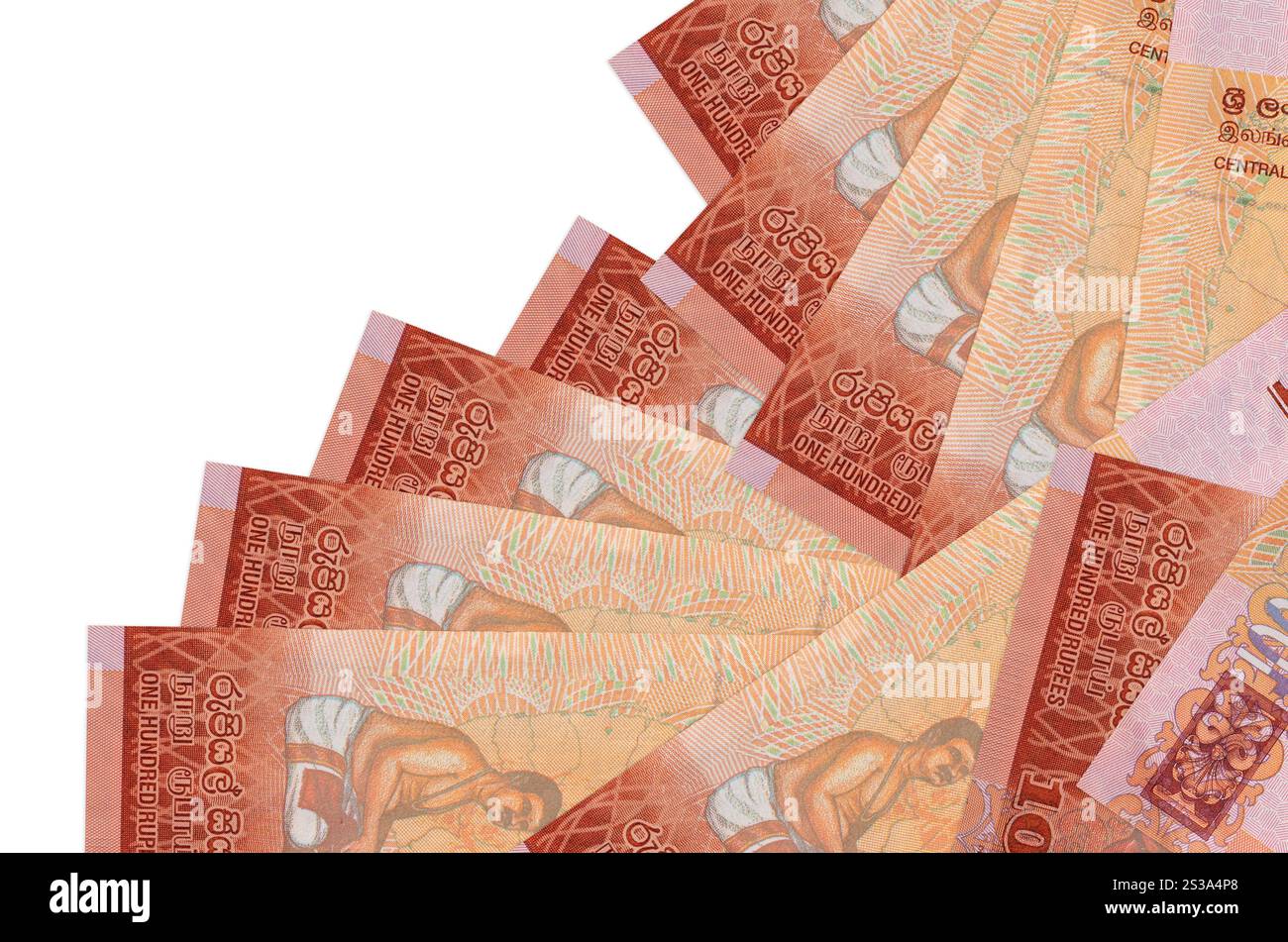 100 Sri Lankan rupees bills lies in different order isolated on white ...