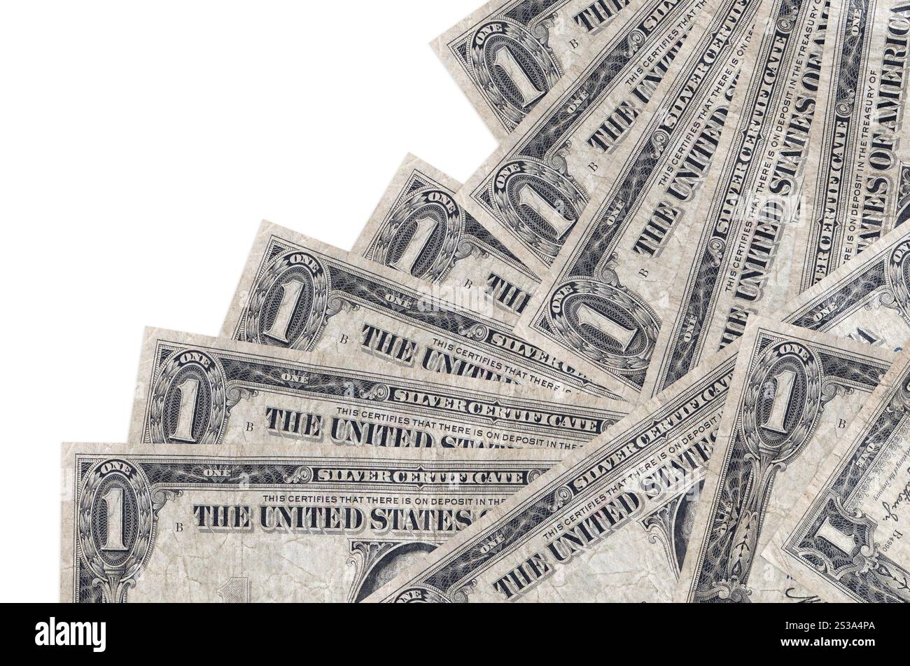 1 US dollar bills lies in different order isolated on white. Local ...