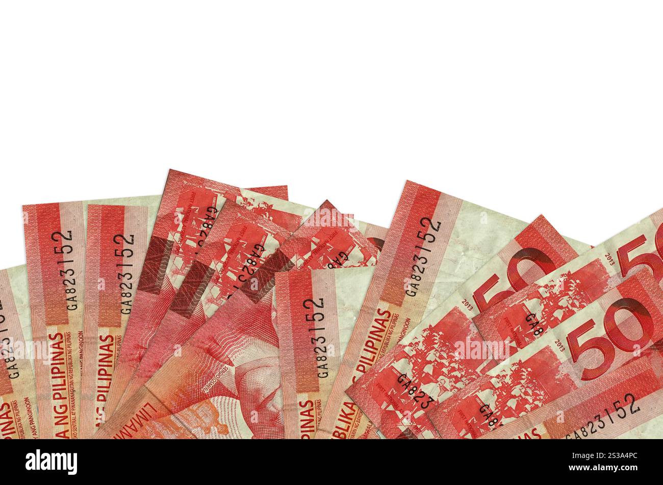 50 Philippine piso bills lies on bottom side of screen isolated on ...