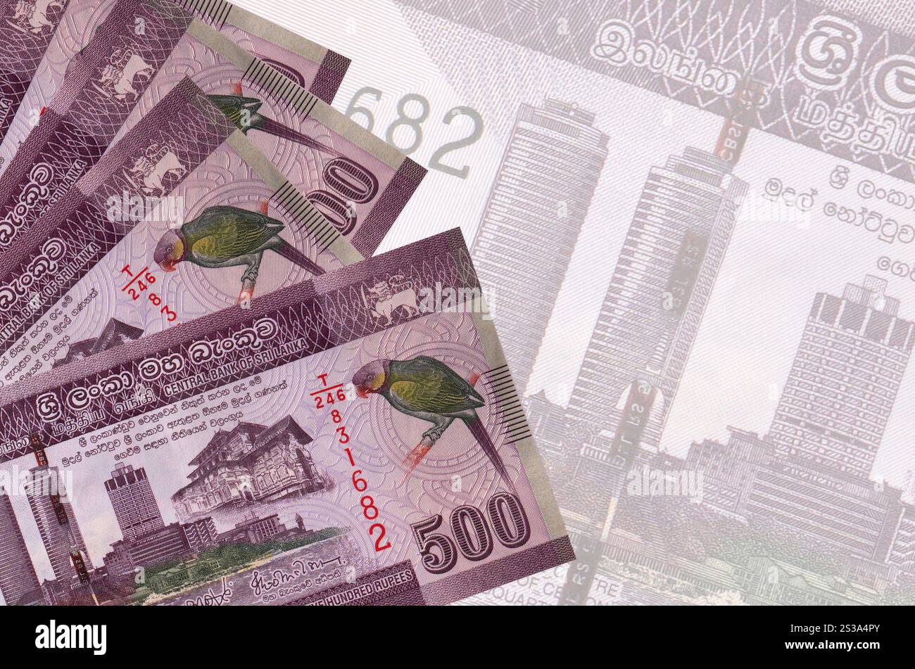 500 Sri Lankan rupees bills lies in stack on background of big semi ...