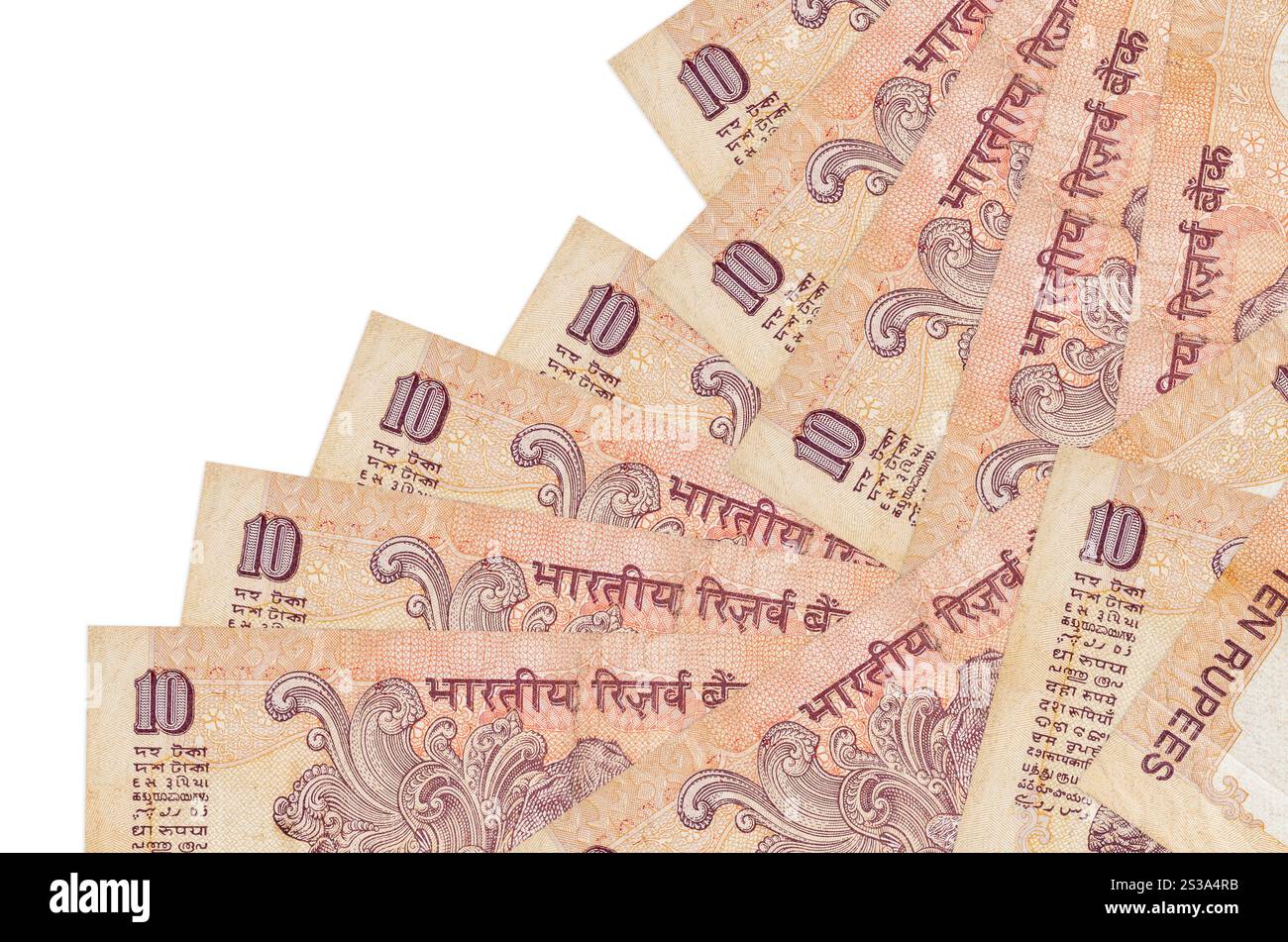 10 Indian rupees bills lies in different order isolated on white. Local ...