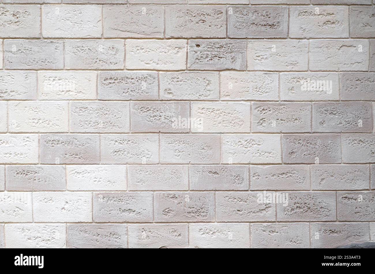 Rustic old beige white brick wall background under the evening sunlight ...