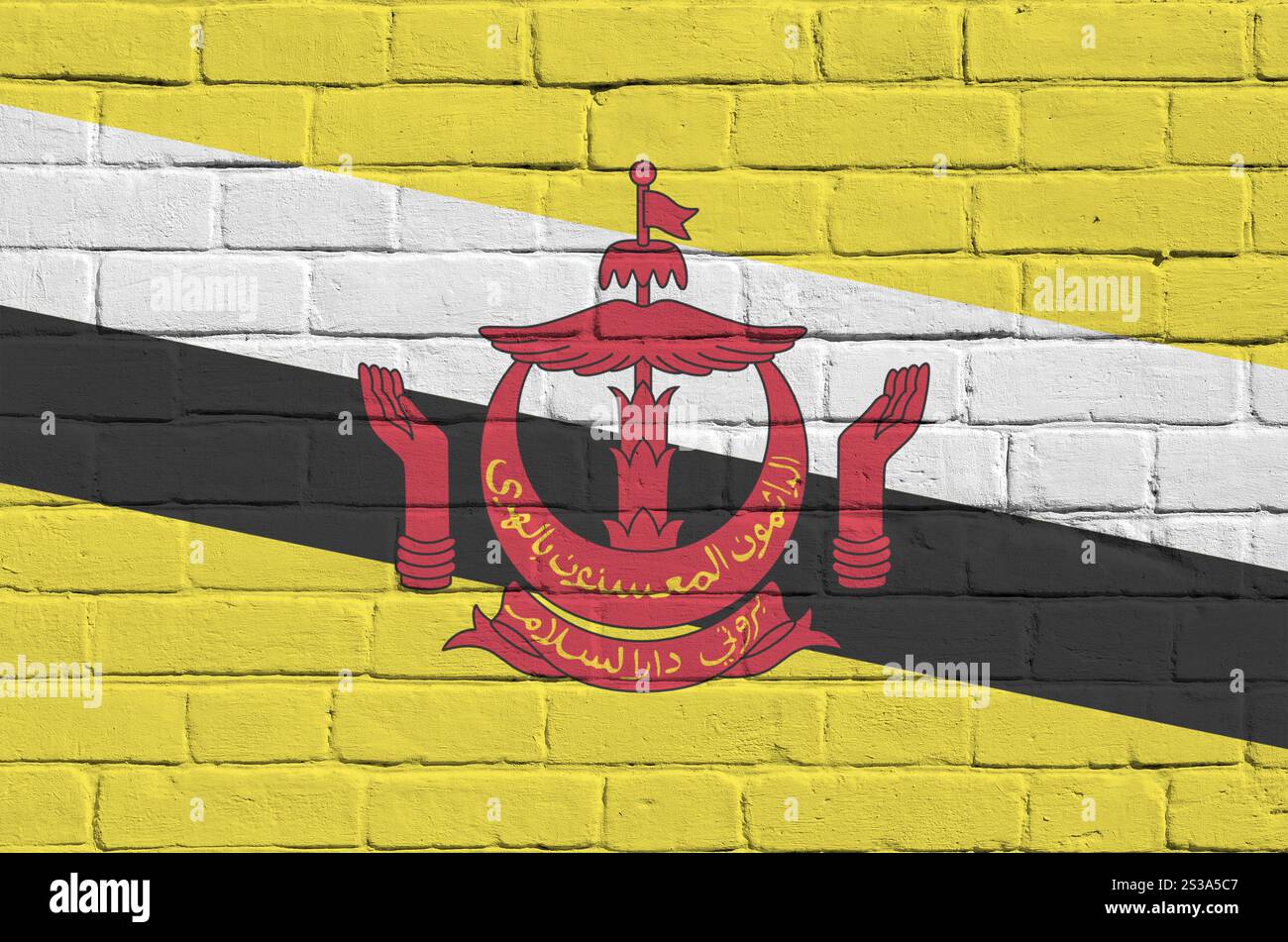 Brunei Darussalam flag depicted in paint colors on old brick wall close ...