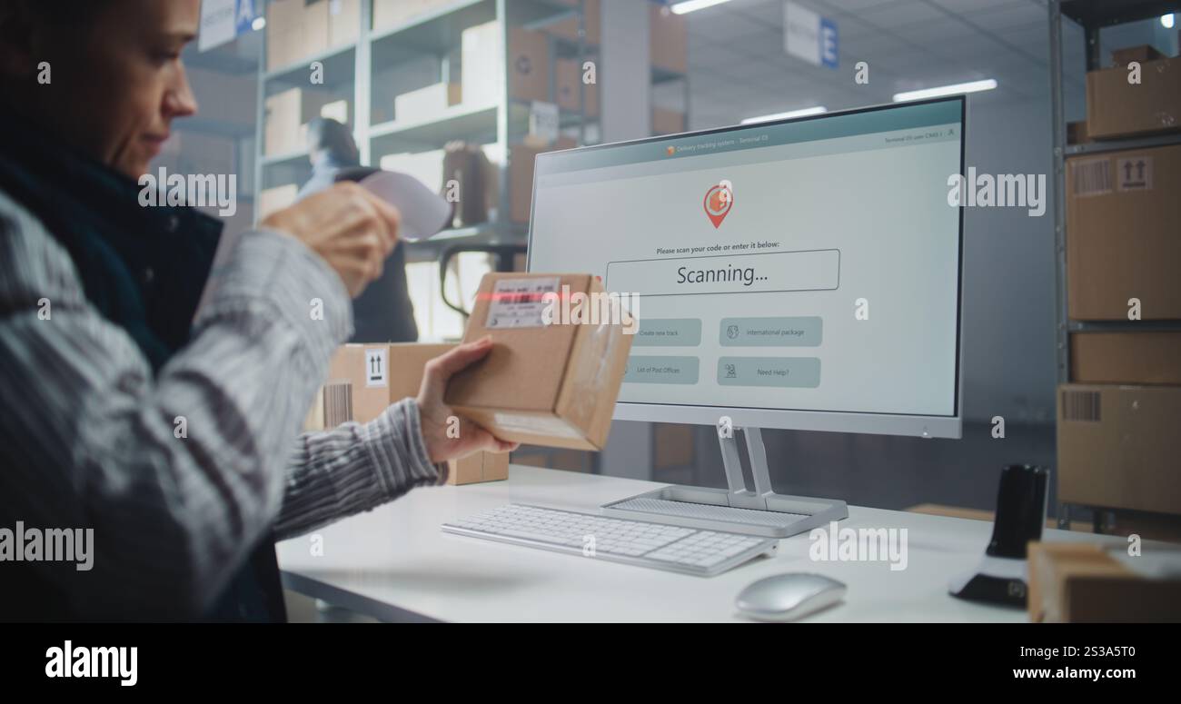 Female Inventory Manager Scans Code on Cardboard Box with Barcode Scanner, Checks Parcel ...