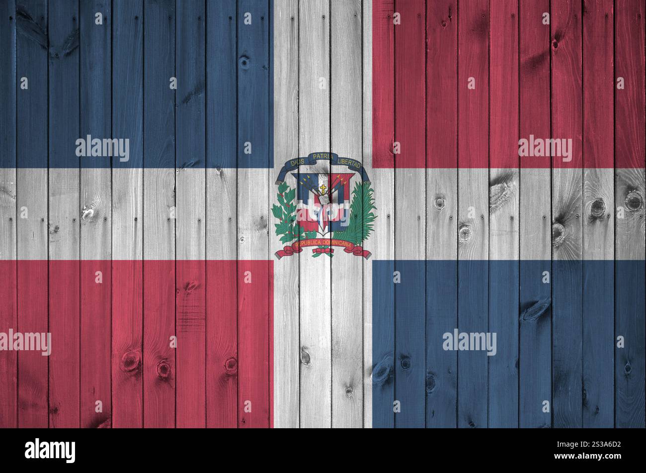 Dominican Republic flag depicted in bright paint colors on old wooden ...