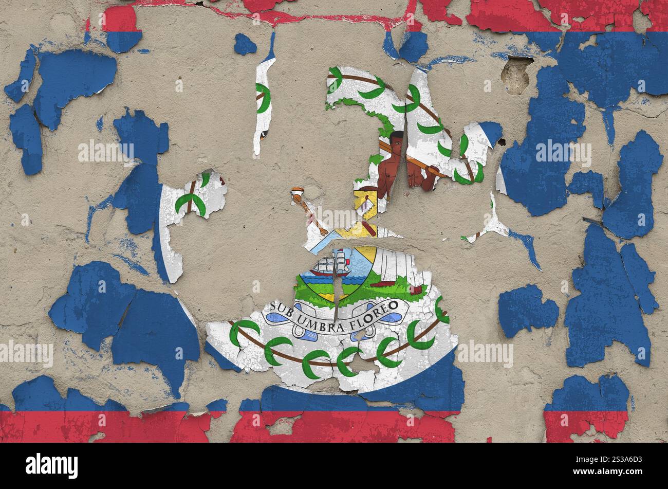 Belize flag depicted in paint colors on old obsolete messy concrete ...