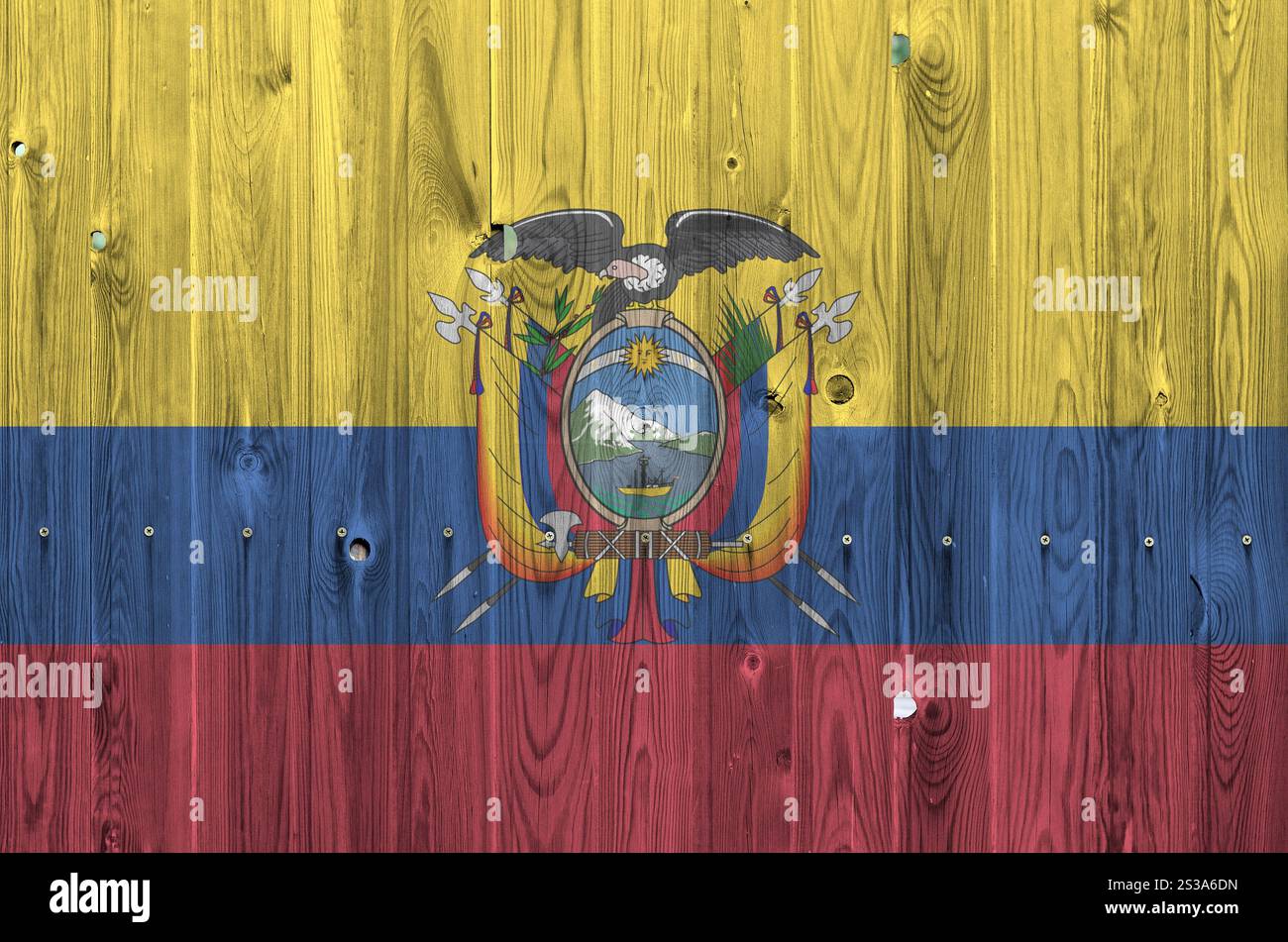 Ecuador flag depicted in bright paint colors on old wooden wall close ...