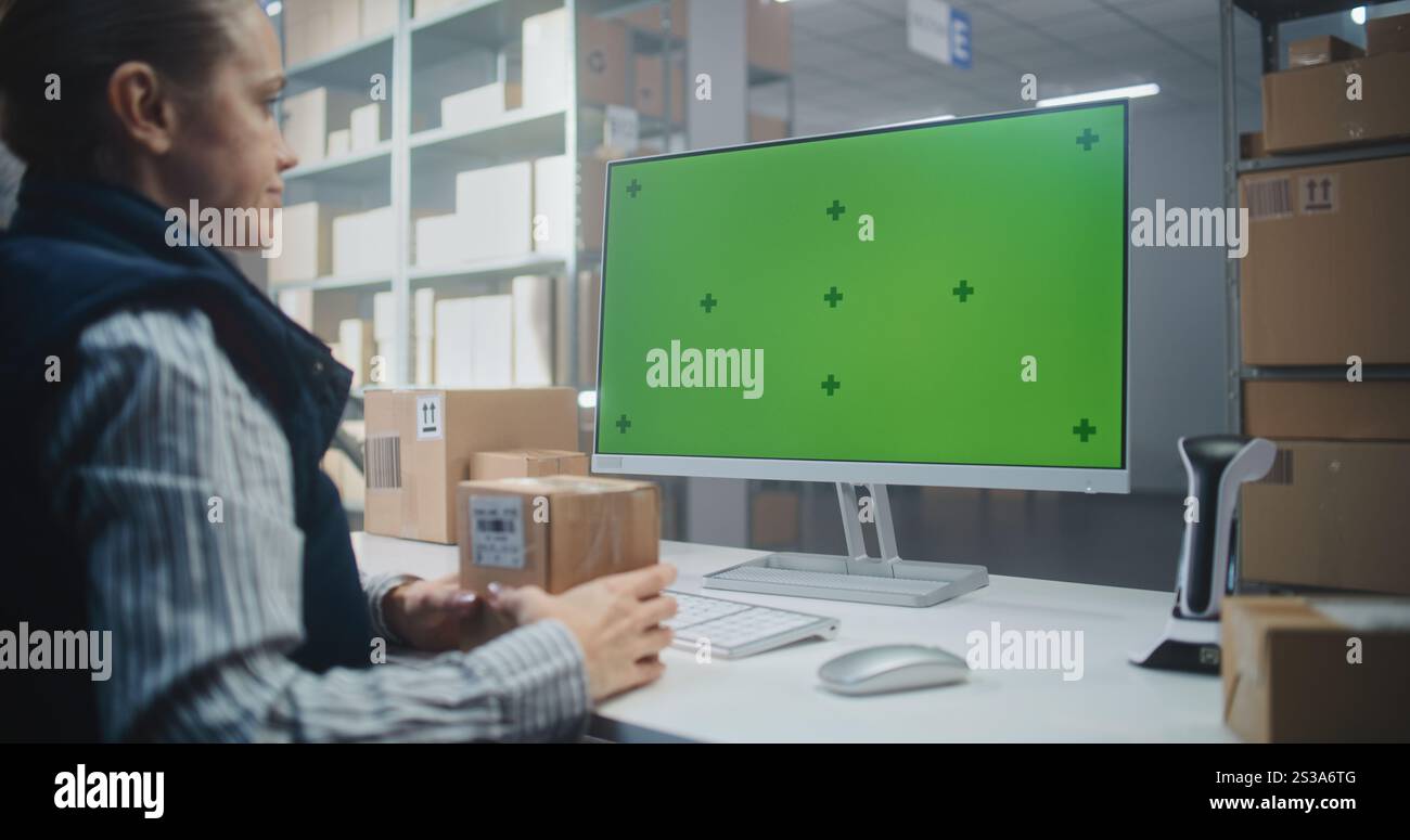 Female Warehouse Associate Scans Code on Cardboard Box with Scanner ...