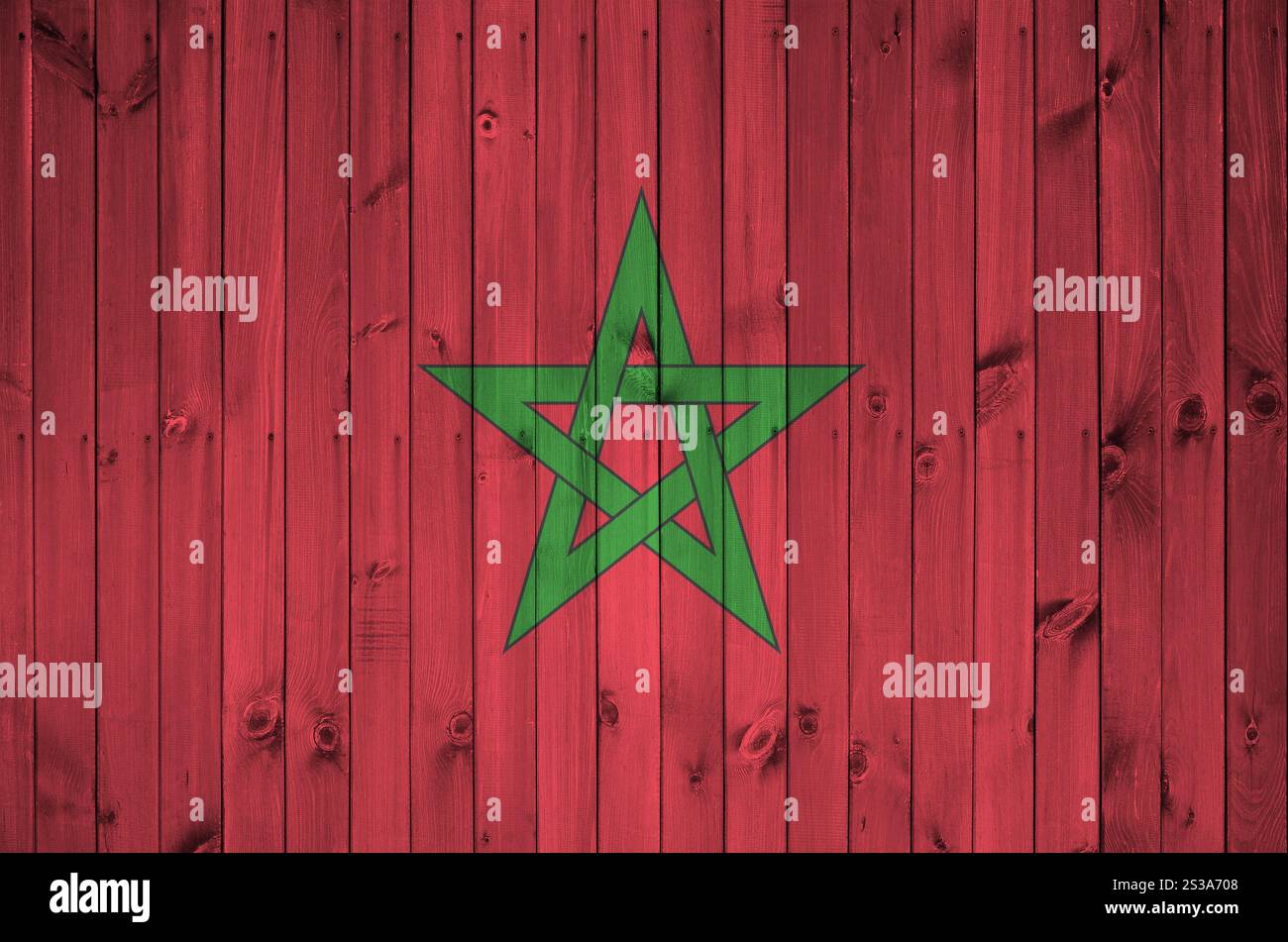 Morocco flag depicted in bright paint colors on old wooden wall close ...