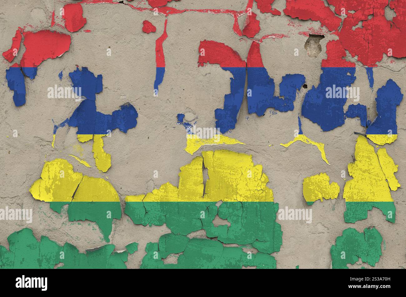 Mauritius flag depicted in paint colors on old obsolete messy concrete ...