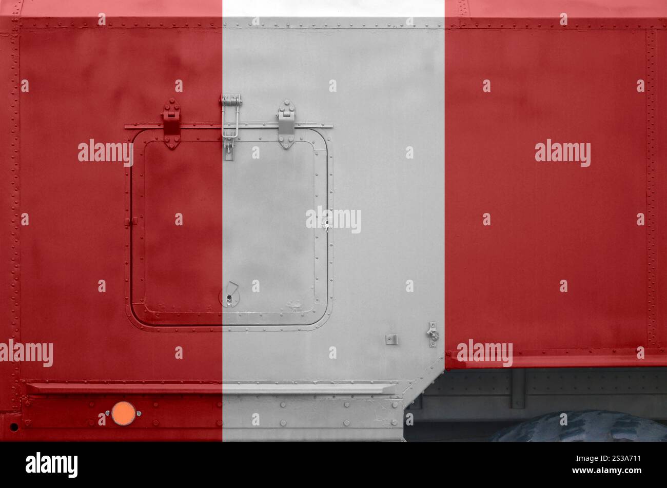 Peru flag depicted on side part of military armored truck close up ...