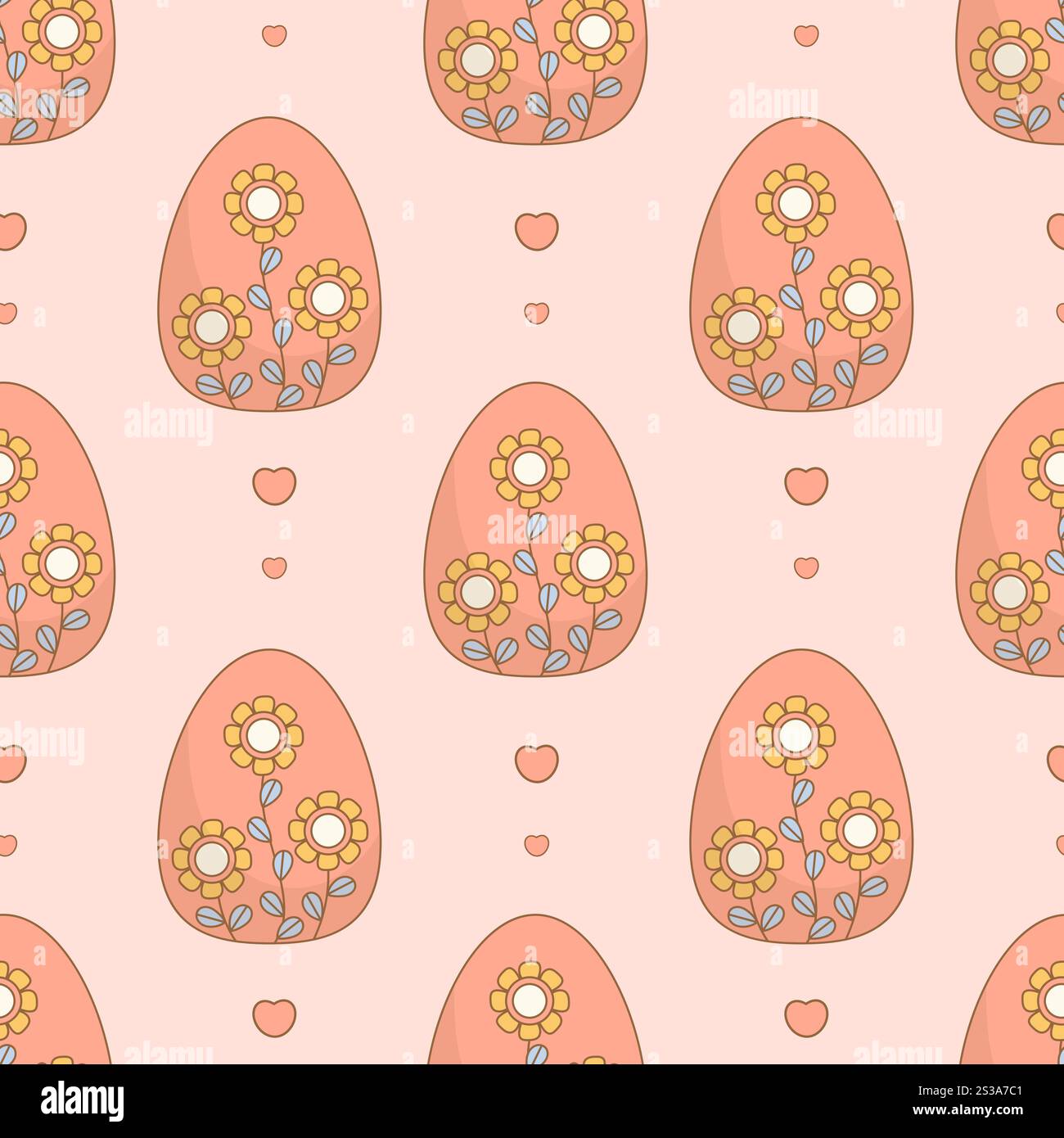 Easter Seamless pattern with paschal egg with decorative flowers on pink background with hearts ...